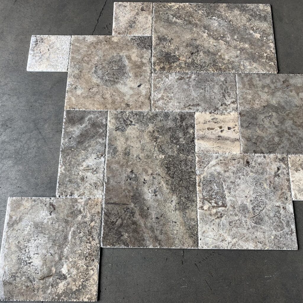 Silver Versailles Pattern Brushed/Chiseled Travertine Paver - Stonex Tile